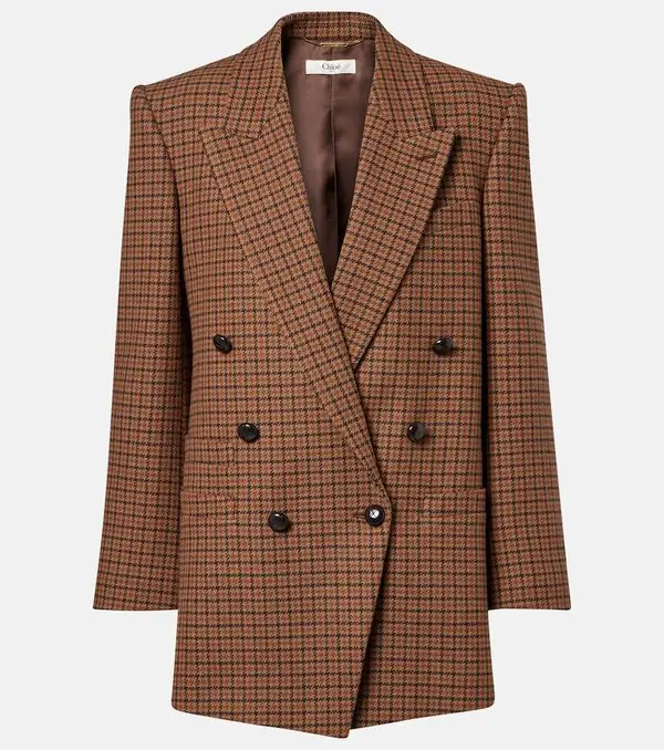 Chloé Checked Double-breasted Wool-blend Blazer - Brown