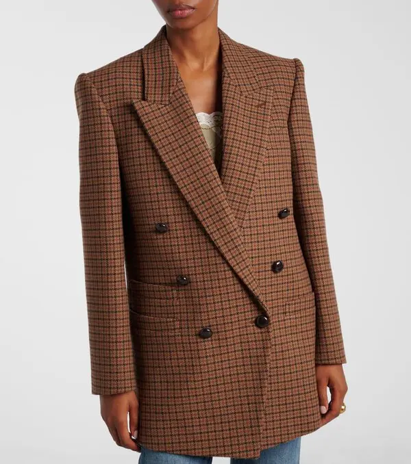 Chloé Checked Double-breasted Wool-blend Blazer - Brown
