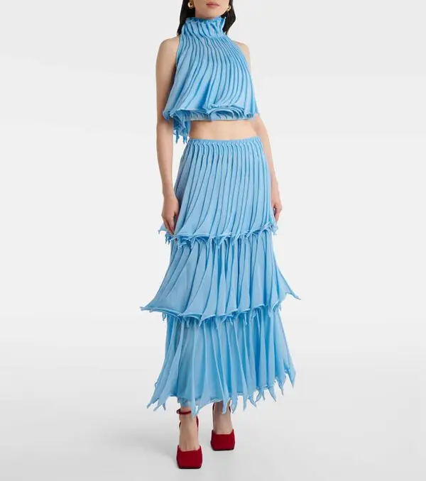 Alaïa Pleated Tiered Maxi Skirt - Blue