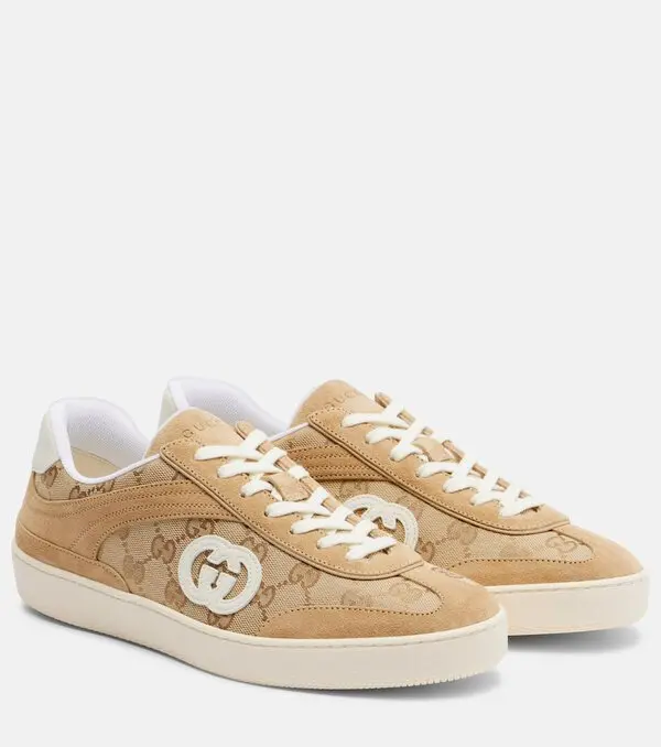 Gucci G75 Gg Canvas Suede-trimmed Sneakers - Beige