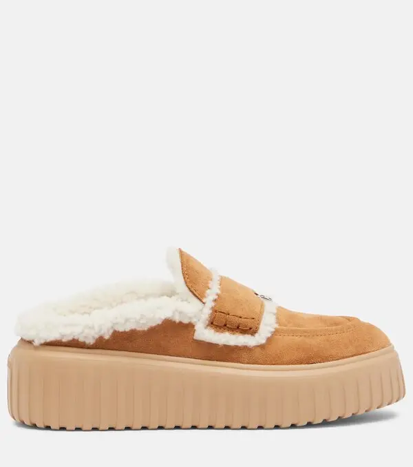 Hogan Shearling-trimmed Suede Slippers