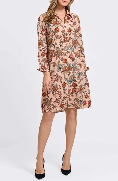 Foxcroft Agnes Autumn Leaf Print Corduroy Belted Dress
