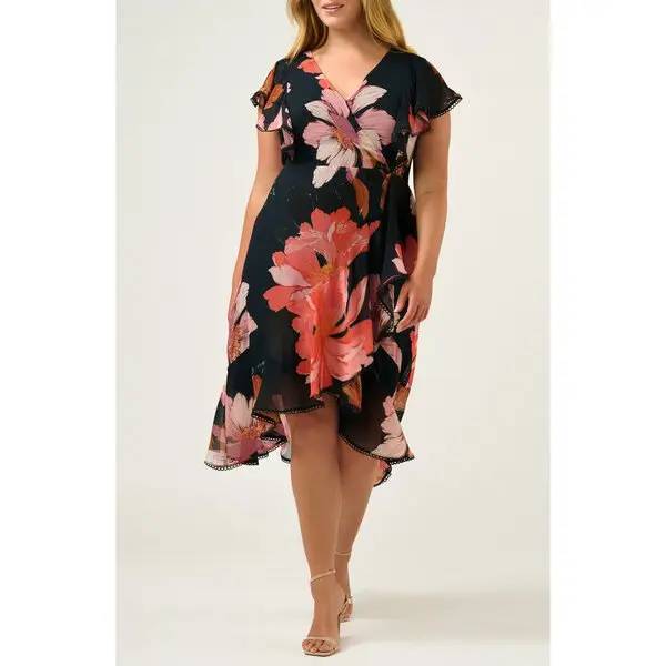 ESTELLE Elena Flutter Sleeve Midi Dress - Navy/peony