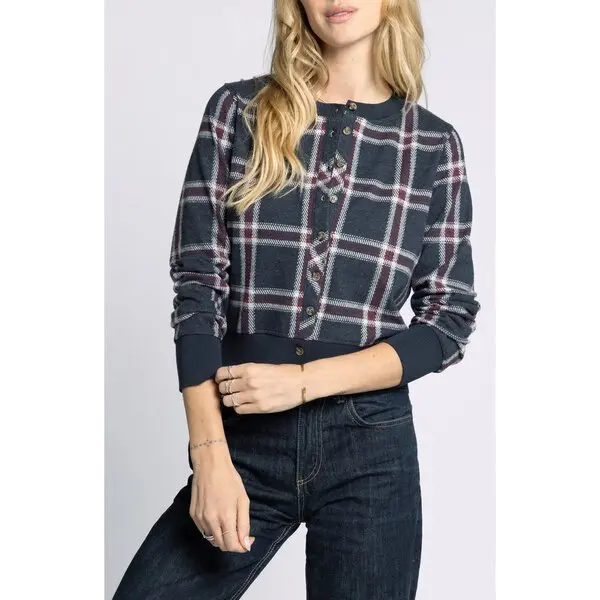 THREAD & SUPPLY Monica Cropped Cardigan - Black Red Plaid