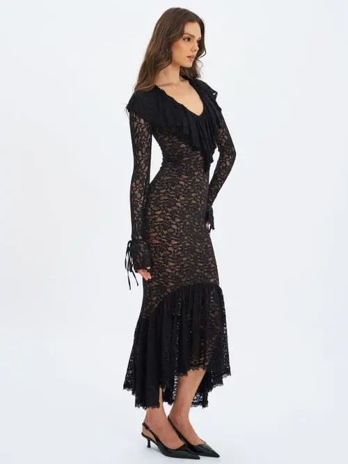 MISS CIRCLE NEW YORK Parisa Lace Ruffled Mermaid Maxi Dress