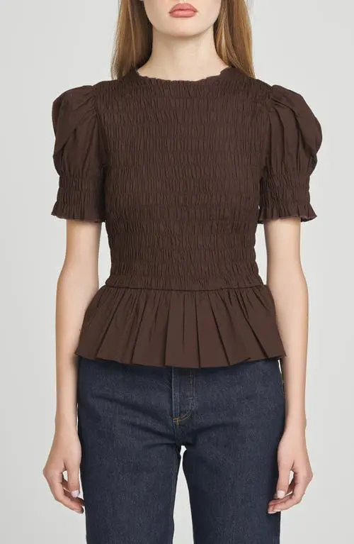 WAYF Matilda Smocked Peplum Top - Chocolate