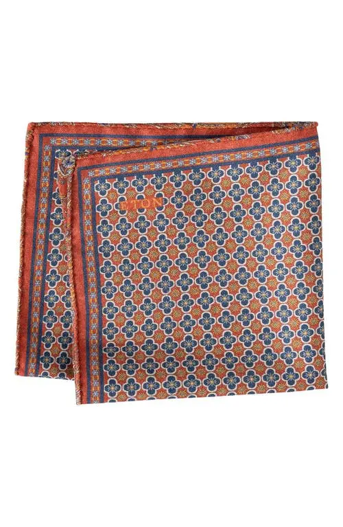 Eton Orange Quatrefoil & Paisley Reversible Wool Pocket Square - Medium Orange