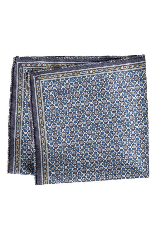Eton Navy Quatrefoil & Paisley Reversible Wool Pocket Square - Medium Blue
