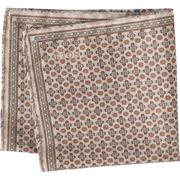 Eton Beige Quatrefoil & Paisley Reversible Wool Pocket Square - Light Beige