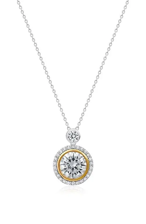 CRISLU Two-tone Halo Pendant Necklace - Pure Platinum/clear Stone