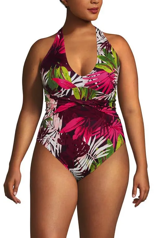 LANDS' END Sculpting Suit Plunge Halter High Leg One-piece Swimsuit - Dark Wine Multi Tropical Palm