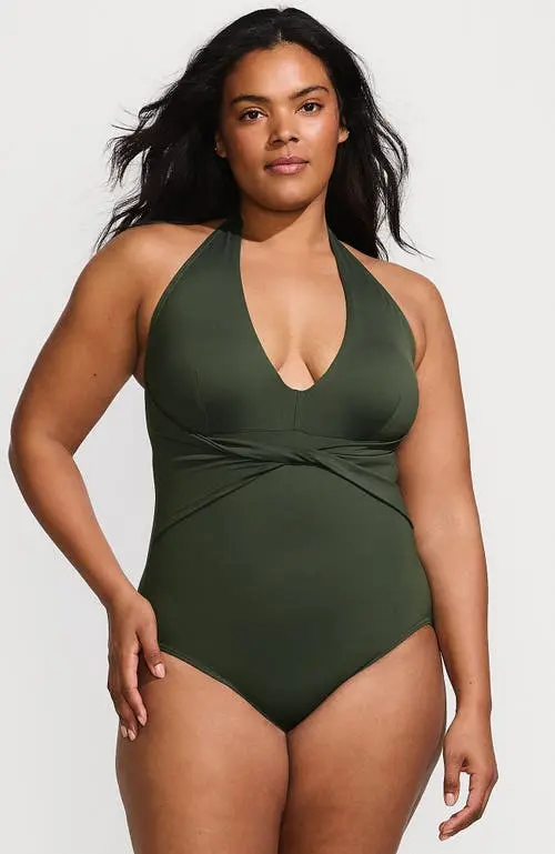 LANDS' END Sculpting Suit Plunge Halter High Leg One-piece Swimsuit - Rich Olive Green