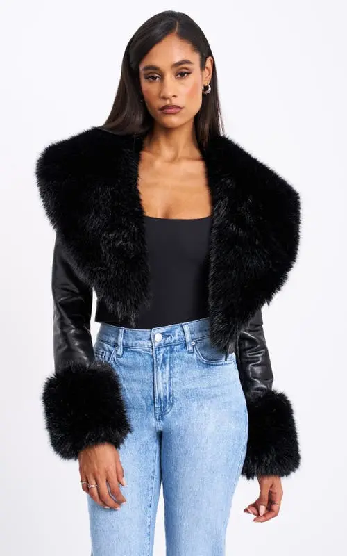 MISS CIRCLE Ziah Cropped Jacket With Fur Collar