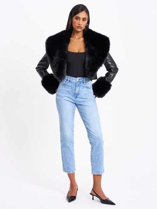 MISS CIRCLE Ziah Cropped Jacket With Fur Collar