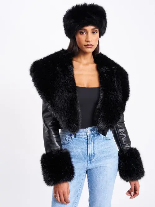 MISS CIRCLE Ziah Cropped Jacket With Fur Collar