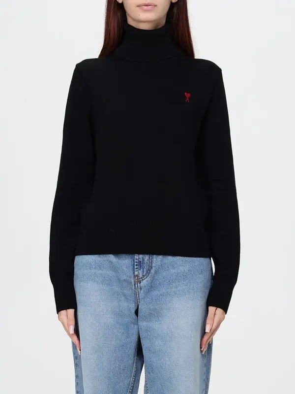 AMI Paris Wool Turtleneck Jumper With Embroidered De Coeur Logo - Black