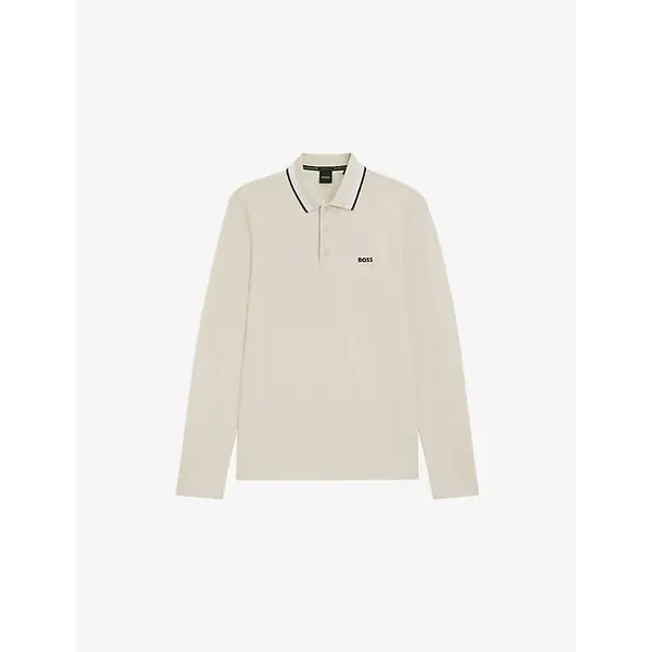 BOSS Brand-embroidered Long-sleeved Cotton-piqué Polo Shirt - Open White