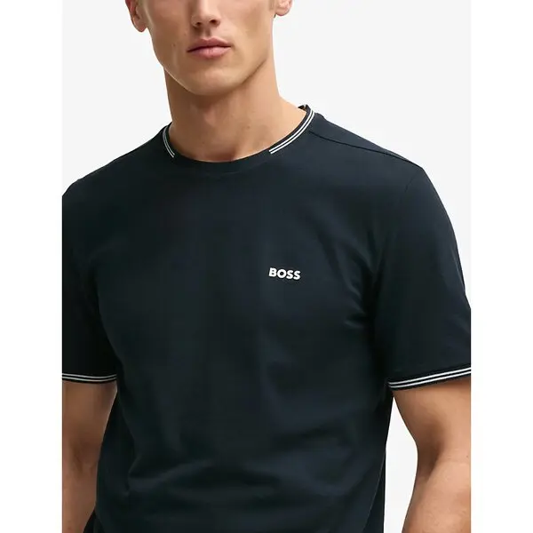 BOSS Branded Contrast-trim Stretch-cotton T-shirt Xxxl