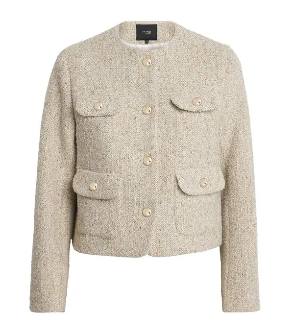 Maje Bouclé Tweed Cropped Jacket - White
