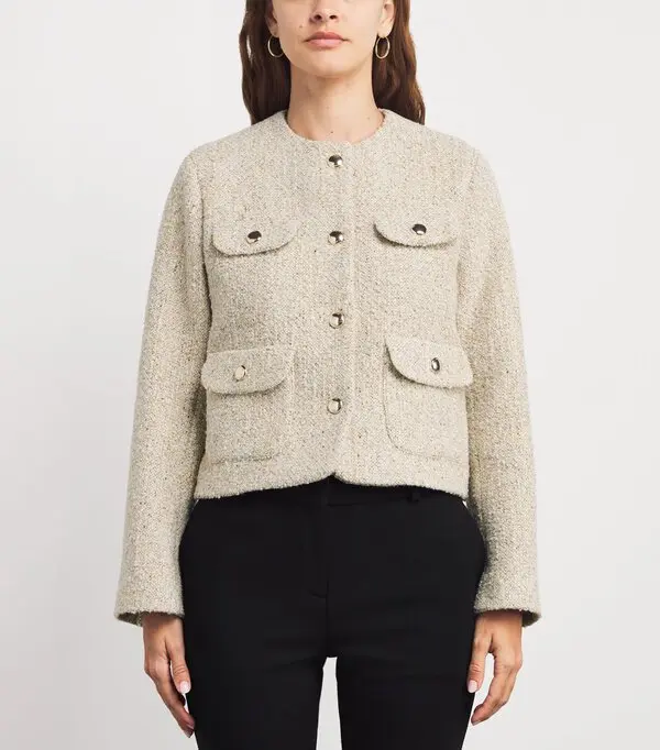 Maje Bouclé Tweed Cropped Jacket - White