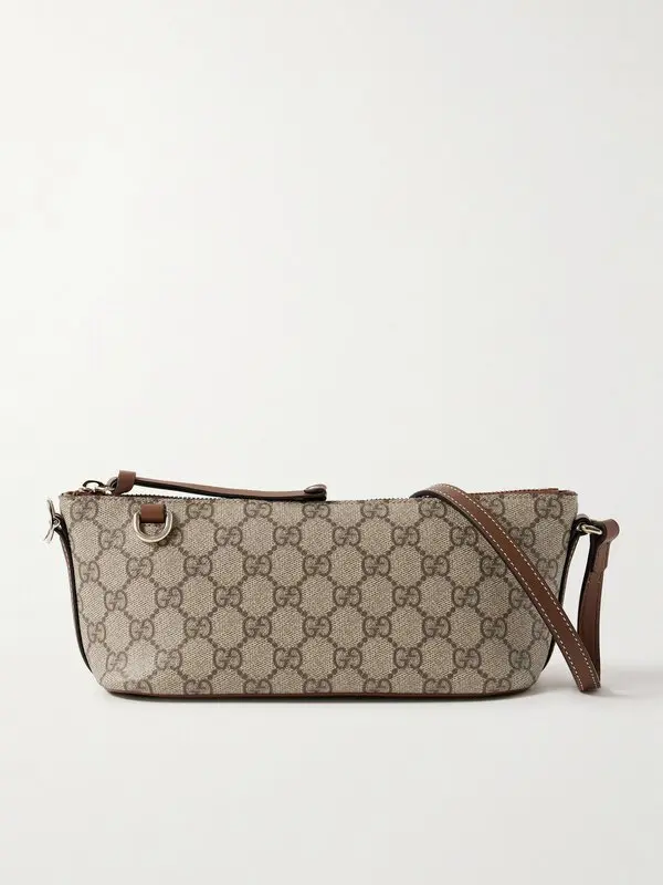 Gucci Gg Emblem Leather-trimmed Printed Coated-canvas Shoulder Bag - Neutrals