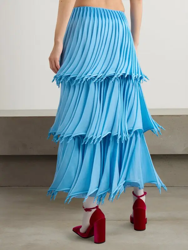 Alaïa Tiered Pleated Knitted Midi Skirt - Blue