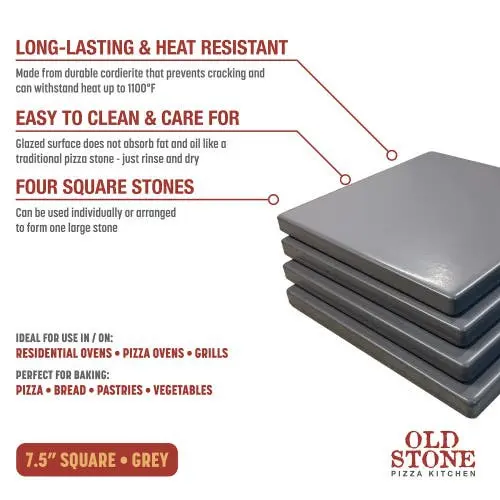 OLD STONE Glazed Cordierite Square Pizza Stone 4 Piece Set