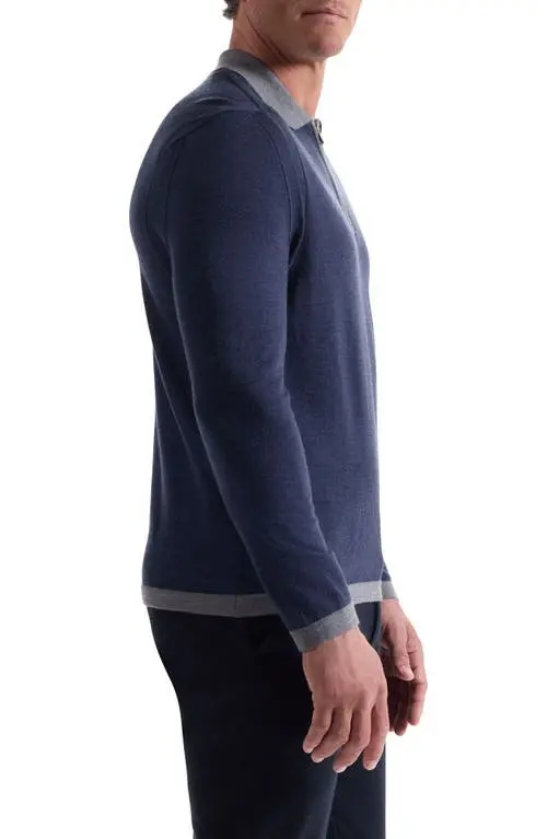 Bugatchi Long Sleeve Merino Wool Quarter Zip Polo Sweater - Navy