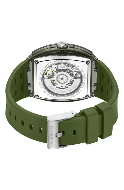 KENNETH COLE Skeleton Tonneau Automatic Silicone Strap Watch - Green