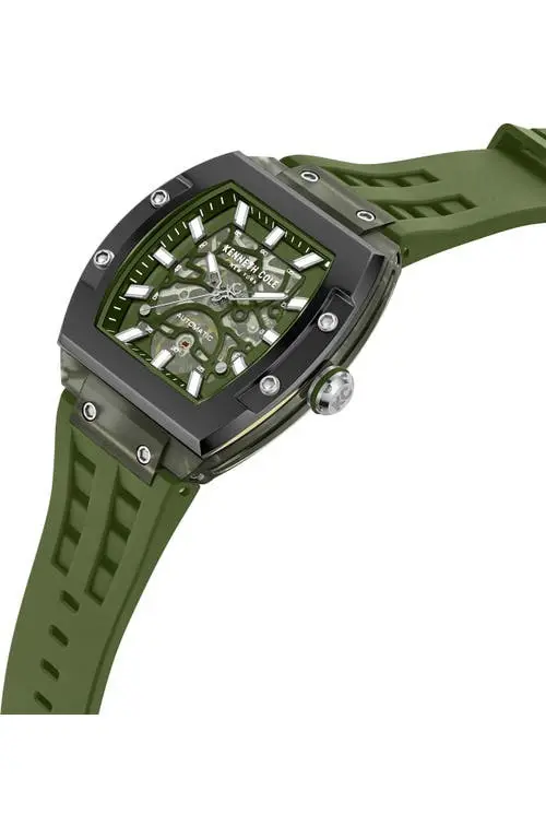 KENNETH COLE Skeleton Tonneau Automatic Silicone Strap Watch - Green