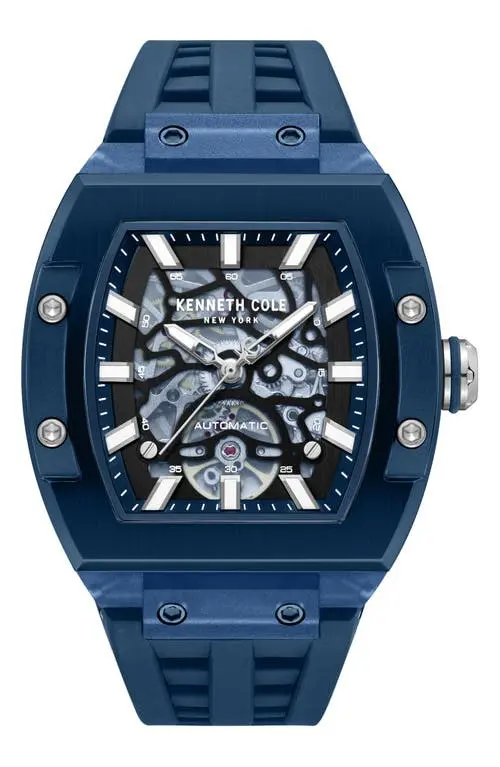 KENNETH COLE Skeleton Tonneau Automatic Silicone Strap Watch - Navy