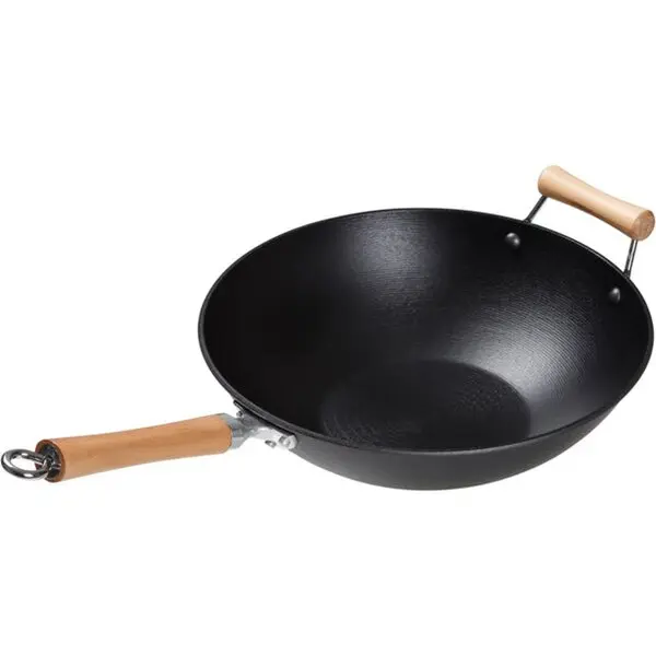 JOYCE CHEN Preseasoned Cast Iron Flat Bottom Wok With Maple Handle - Black