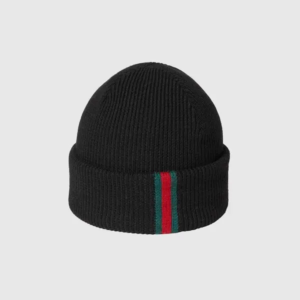 Gucci Wool Beanie With Web Detail - Black