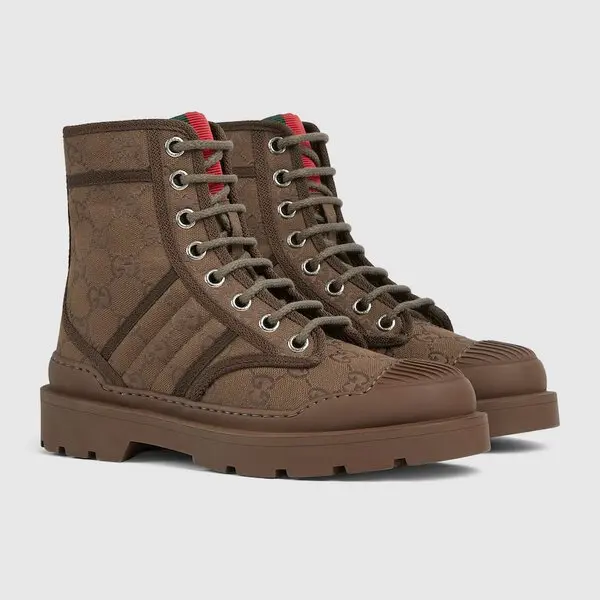 Gucci Boot With Web And Gg Canvas - Brown