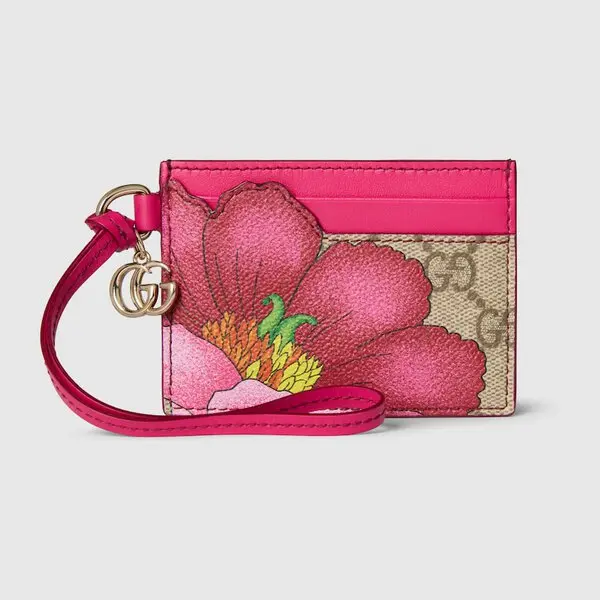Gucci Floral Card Case With Double G Gg Canvas - Beige