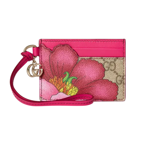 Gucci Floral Card Case With Double G Gg Canvas - Beige