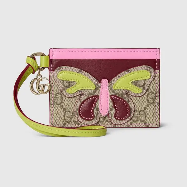 Gucci Card Case With Double G And Butterfly - Beige