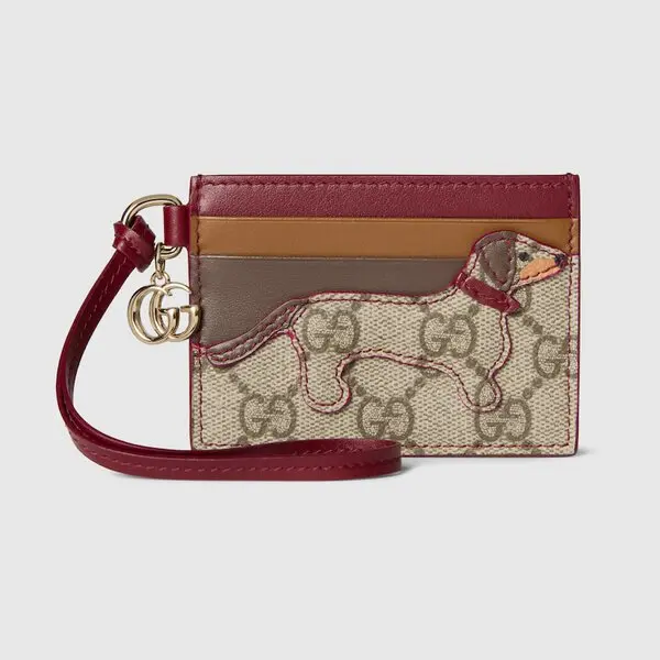 Gucci Card Case With Double G And Dog - Beige