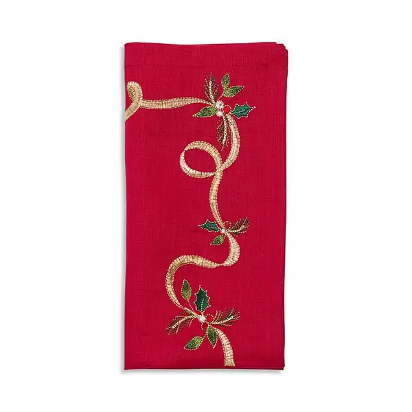 KIM SEYBERT Xmas Ribbon Linen Napkin, 21 X 21 - Red/green/gold
