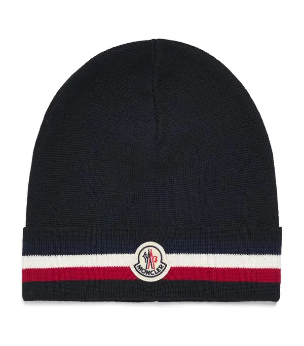 Moncler Virgin Wool Tricolour Beanie - Navy