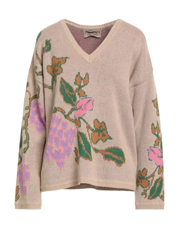 TWINSET Jacquard-knit Floral V-neck Long Sleeve Sweater - Beige