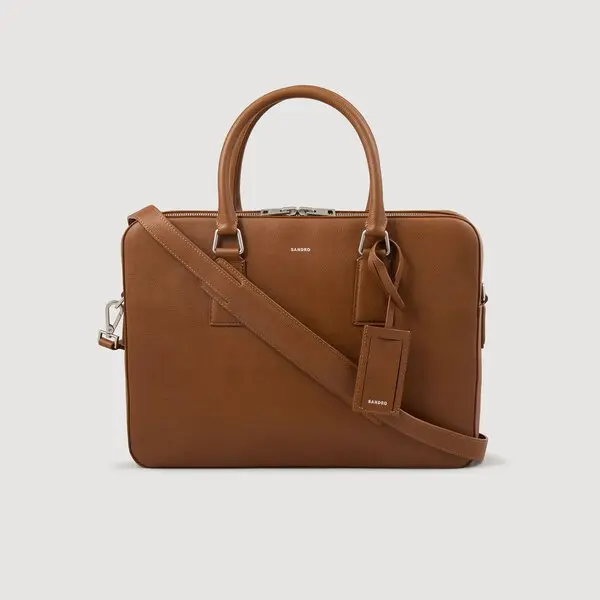 Sandro Large Grained Leather Briefcase - Cognac