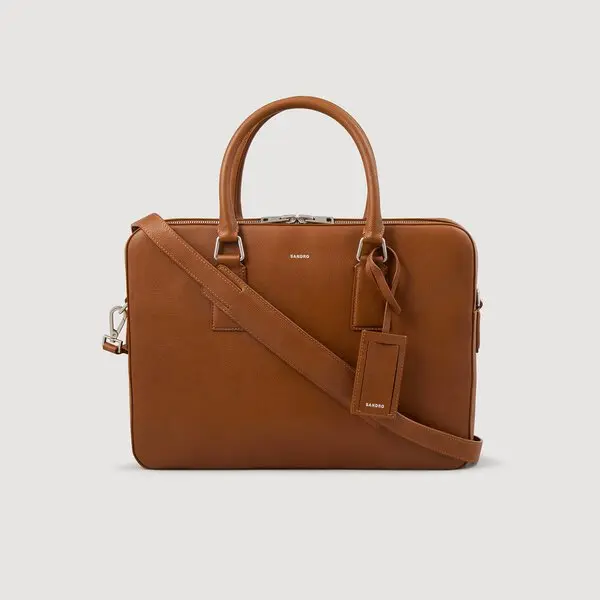Sandro Large Grained Leather Briefcase - Cognac