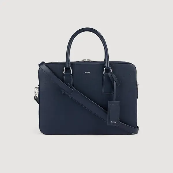 Sandro Large Grained Leather Briefcase - Navy Blue
