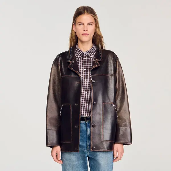 Sandro Oversized Leather Jacket With Studs