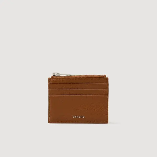 Sandro Grained Leather Zip Card Holder - Cognac
