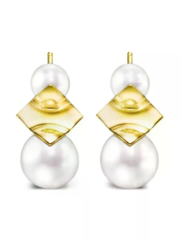 TASAKI 18k Yellow Square Leaf Pearl Earrings - Gold