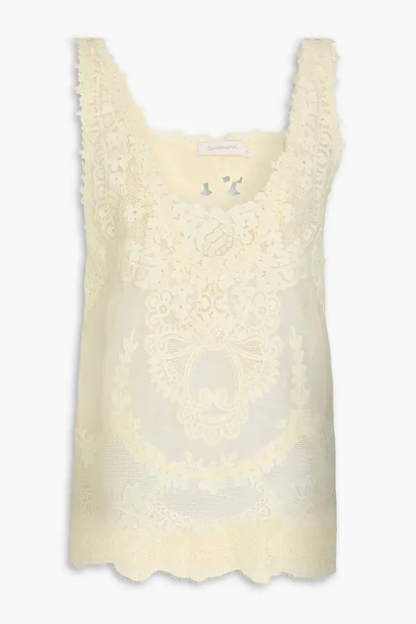 Zimmermann Guipure Lace-paneled Linen And Silk-blend Gauze Tank - Pastel Yellow