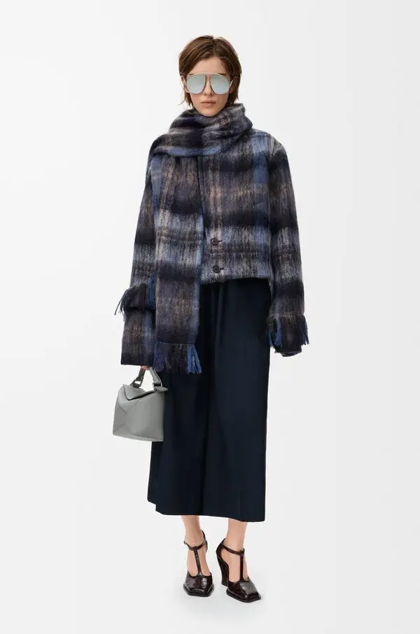 Loewe Check Jacket With Detachable Scarf - Blue/multicolor