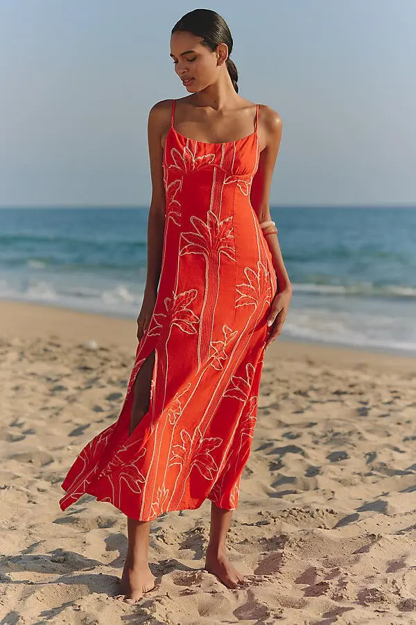 MAAJI Lupe Embroidered Linen Midi Dress - Coral